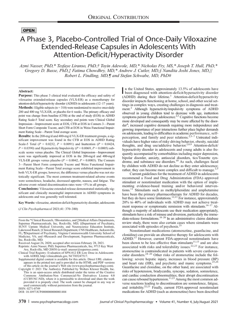 A Phase 3, Placebo-Controlled Trial of Once-Daily Viloxazine Extended-Release Capsules in ...