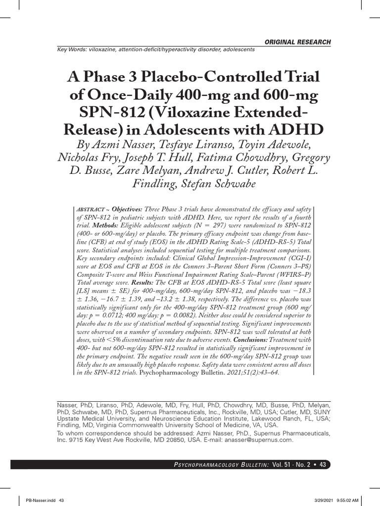 A Phase 3 Placebo-Controlled Trial of Once-Daily 400-mg and 600-mg SPN-812 (Viloxazine Extended ...