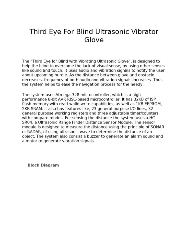Third Eye For Blind Ultrasonic Vibrator Glove: Block Diagram | PDF