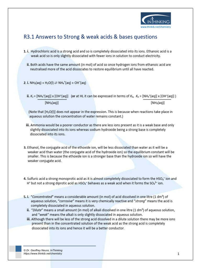 A r3.1 Strong - Weak Acids - Bases Questions | PDF | Acid | Hydroxide