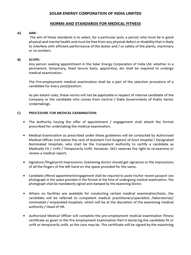 SECI- Medical Fitness Standards 18022022(1) | PDF | Visual Acuity | Body Mass Index
