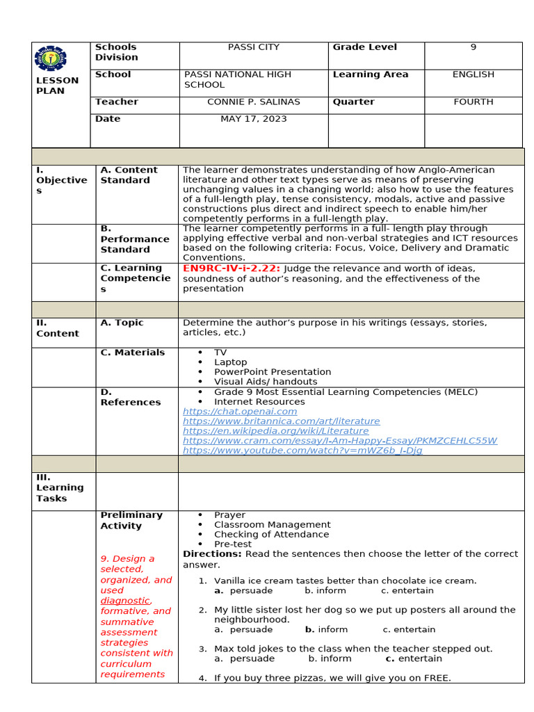 Lesson Plan G9 From CT | PDF | Learning
