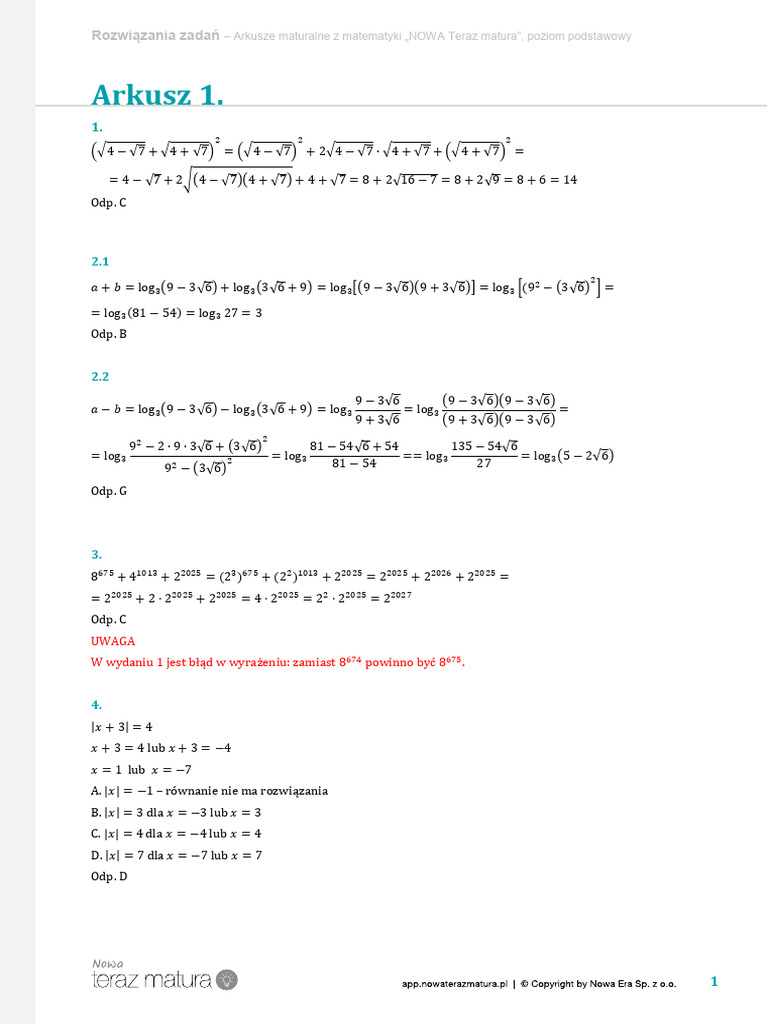 Arkusz 1 - Pełne Rozwiązania | PDF