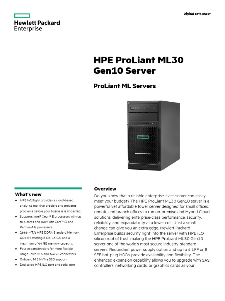 HPE ProLiant ML30 Gen10 Server Datasheet | PDF | Computing | Computer Hardware