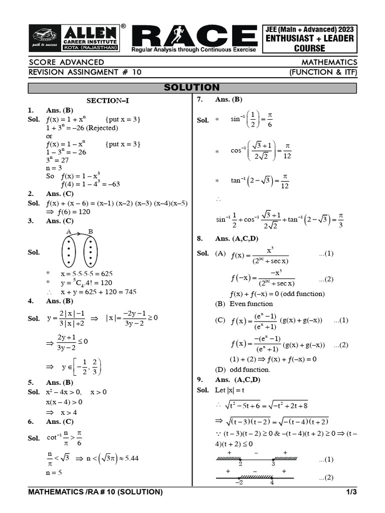 Function & ITF Revision Assignment Sol | PDF | Mathematical Objects | Mathematical Concepts
