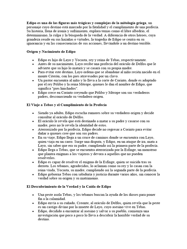El Mito de EDIPO Resumido. Mitologia Griega | PDF | Edipo