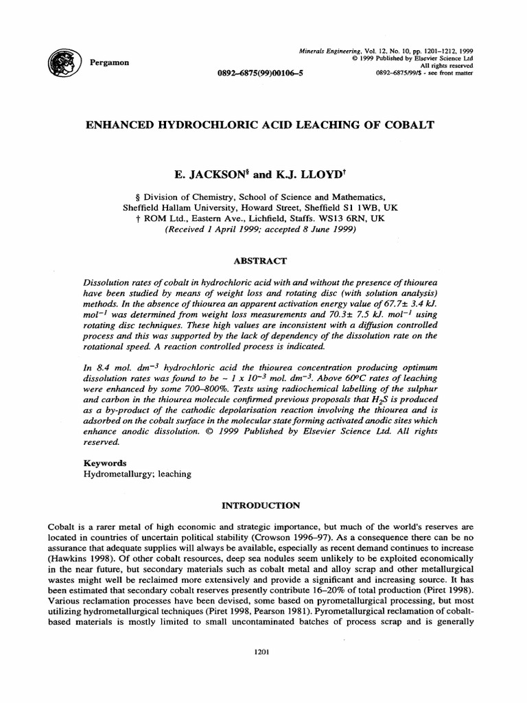 Enhanced Cobalt Leaching with Thiourea | PDF | Acid | Solubility