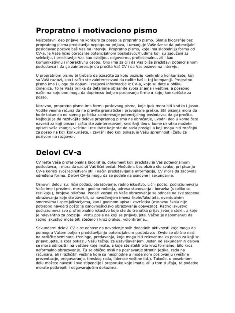 Propratno I Motivaciono Pismo | PDF