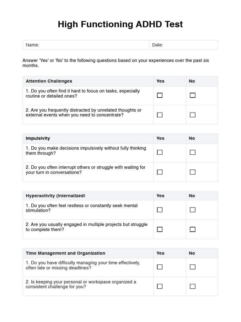 High Functioning ADHD Assessment Quiz | PDF
