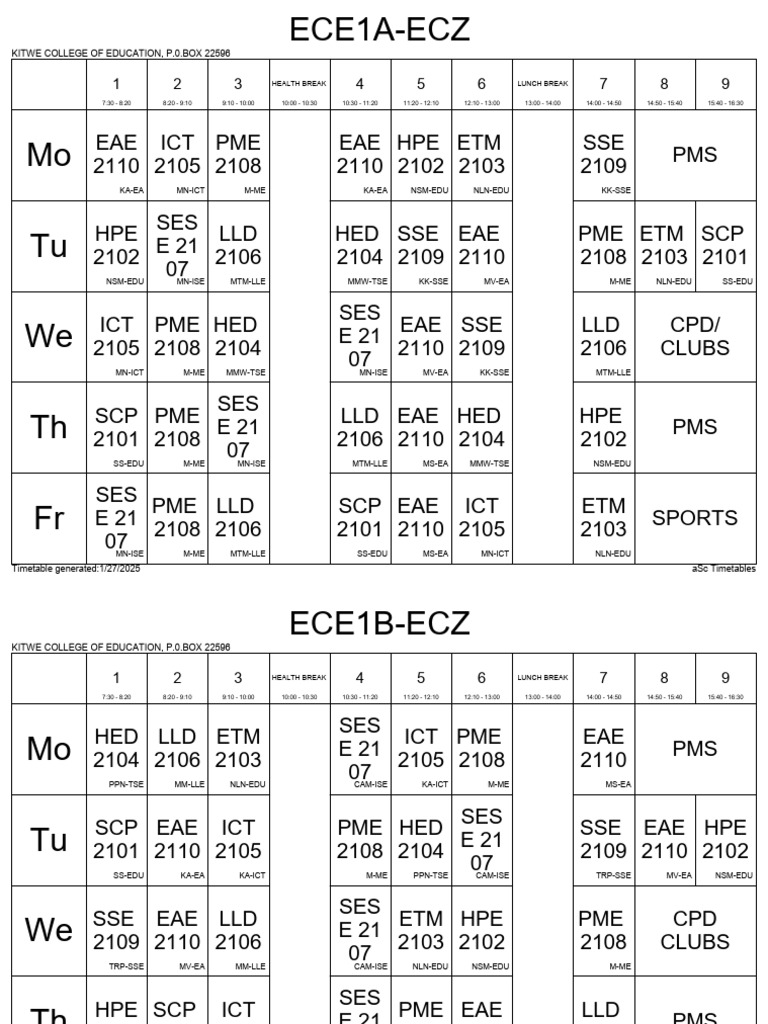 Draft Time Table Students 2025 | PDF