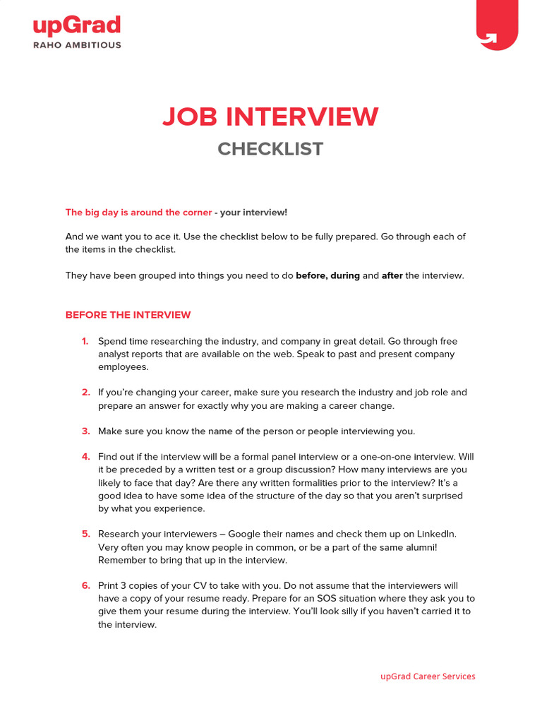 Job Interview Checklist - Upgrad Career Services | PDF