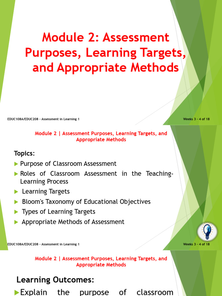 Module 2-Assessment Purposes, Learning Targets, and Appropriate Methods ...