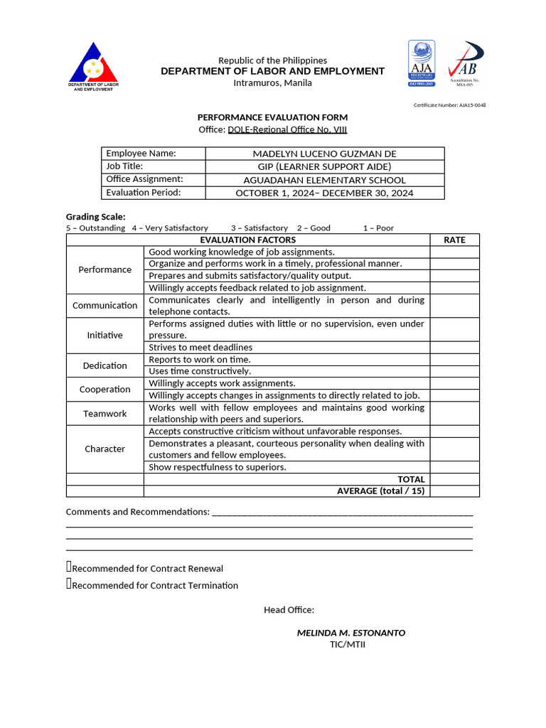 Performance Evaluation Form | PDF | Performance Appraisal | Business