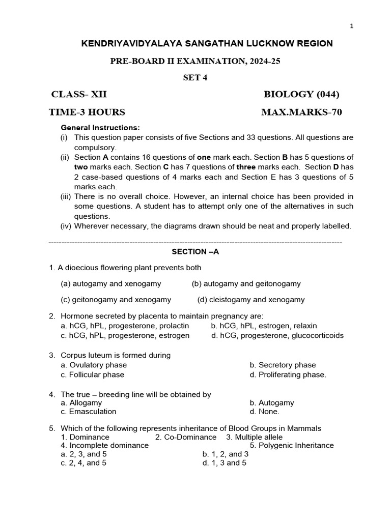 Class XII Biology Pre-Board Exam 2024-25 | PDF | Dna | Progesterone