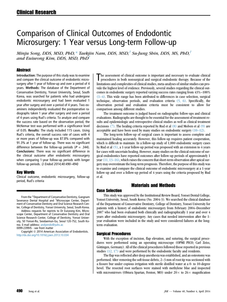 Comparison of Clinical Outcomes of Endodontic Microsurgery 1 Year Versus Long-Term Follow-Up ...