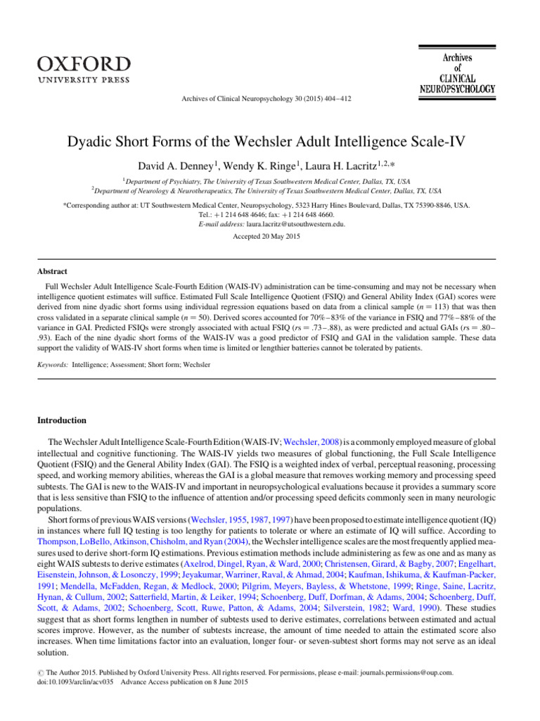 WAIS-IV Dyadic Short Forms Validation | PDF | Wechsler Adult ...