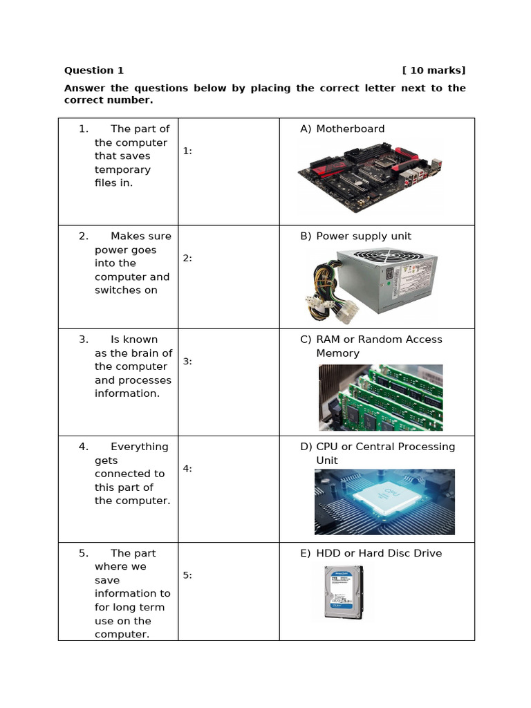 Computer Parts Match Correct Name To Correct Component | PDF