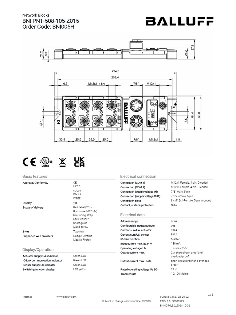 Datasheet BNI005H 290915 En | PDF | Manufactured Goods | Electricity