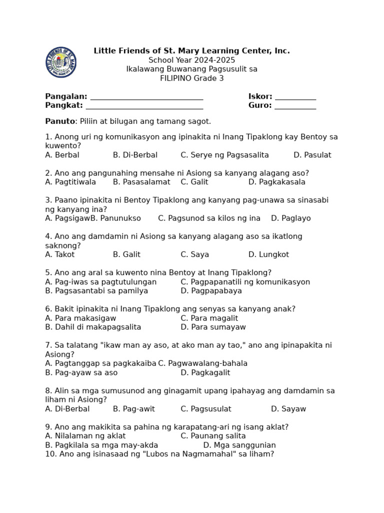 Filipino 3 Ikalawang Buwanang Pagsusulit - Sir Aljon | PDF