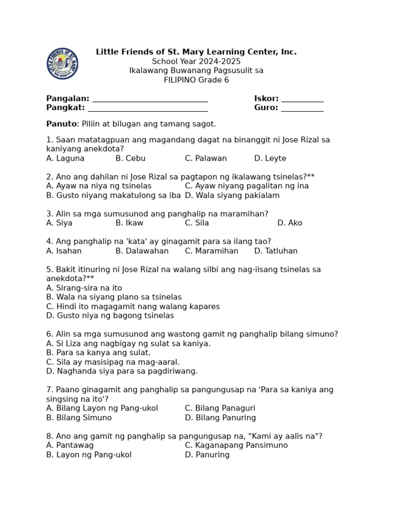 Filipino 6 Ikalawang Buwanang Pagsusulit - Sir Aljon | PDF