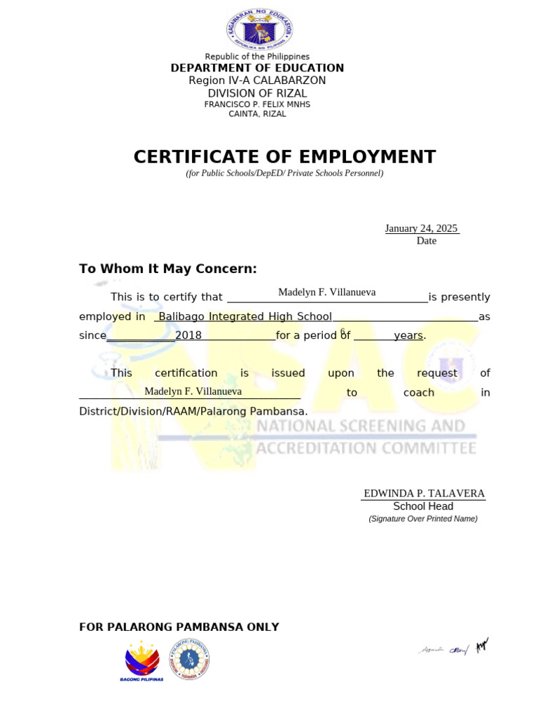 2025 - Revised - Certificate of Employment 1162025 | PDF