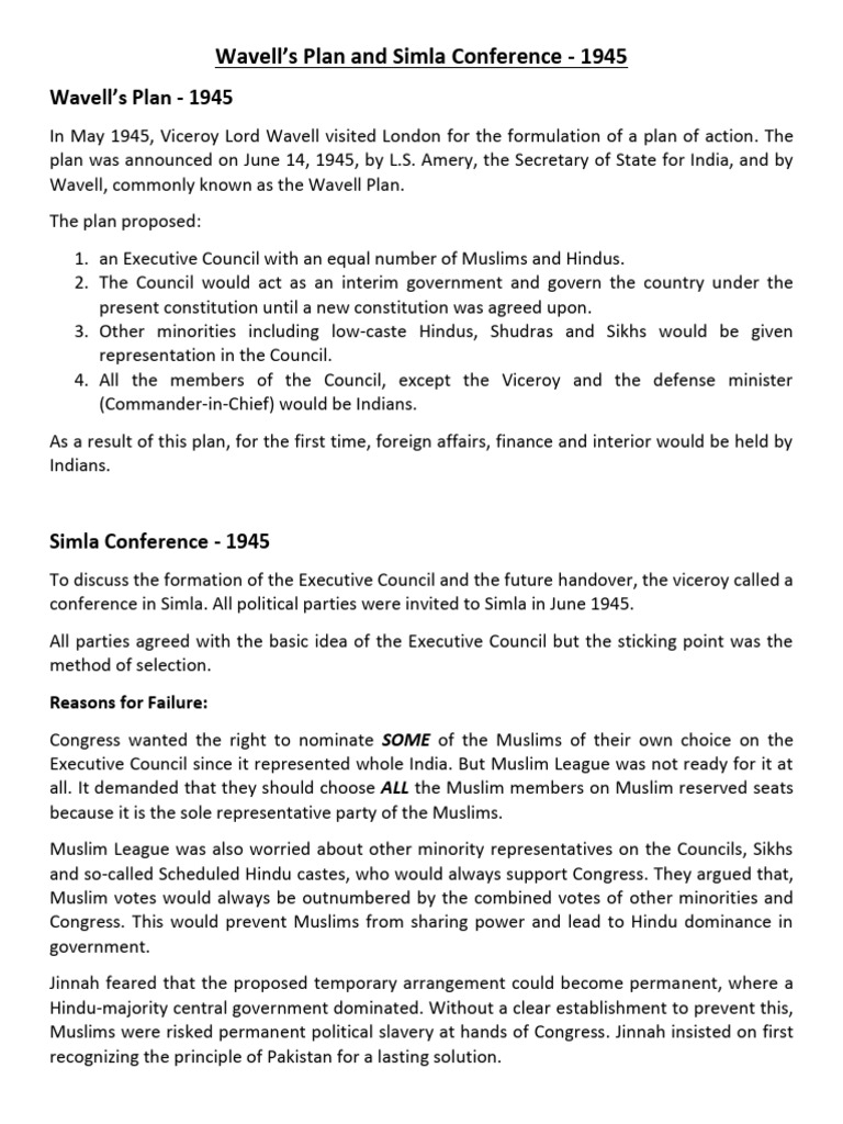 Wavell Plan and Simla Conference - 1945 | PDF