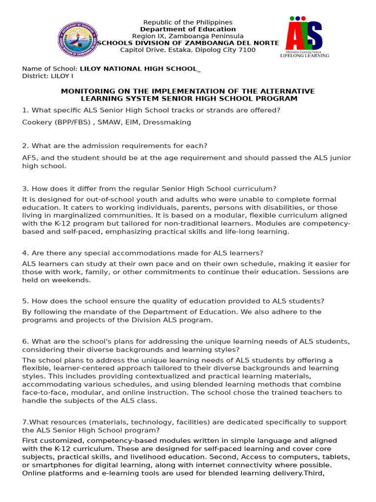 ALS-SHS-MONITORING-QUESTIONS-1 | PDF | Learning | Educational Technology