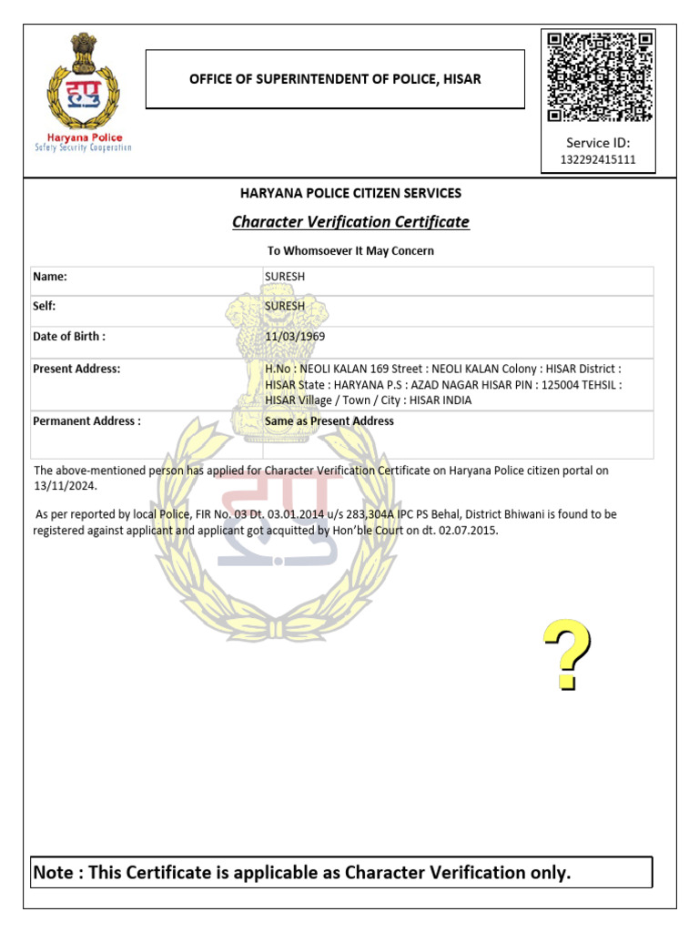 Character General Certificate | PDF | Law Enforcement | Crime & Violence