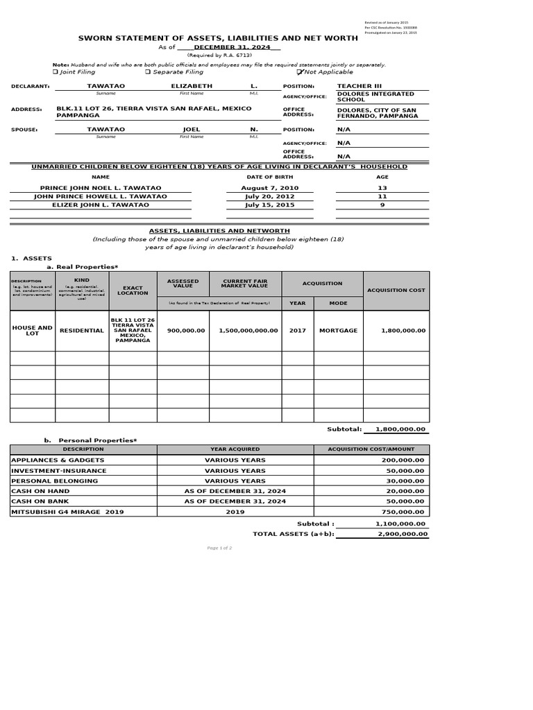 EDITED-2025-SALN-Tawatao-Elizabeth_-SALN | PDF | Net Worth | Financial ...