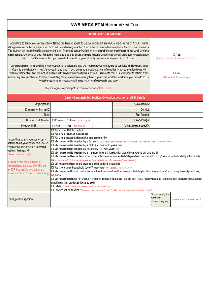 Paper Form - MPCA PDM Harmonized Tool - 2022 English | PDF | Foods