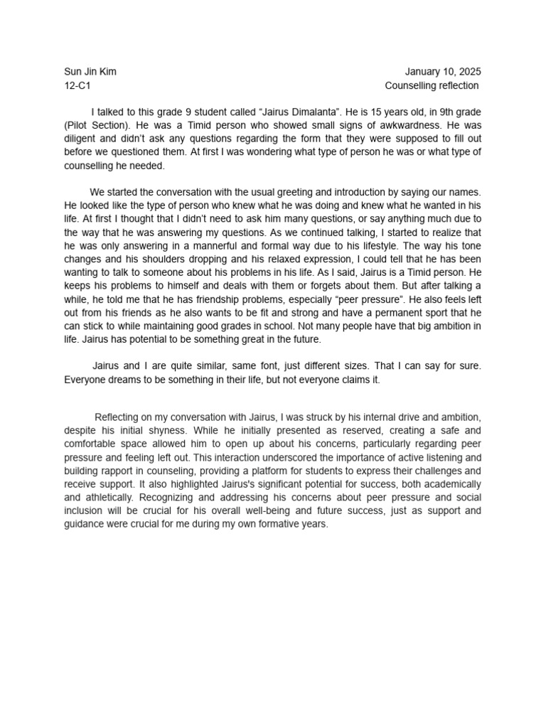 Counseling Reflection on Student Jairus | PDF | Social Psychology