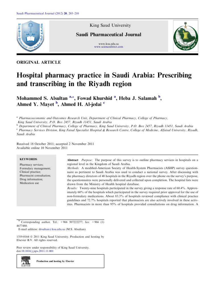 Hospital Pharmacy Practice in Saudi Arabia Prescribin 2012 Saudi Pharmaceut | PDF | Pharmacy ...