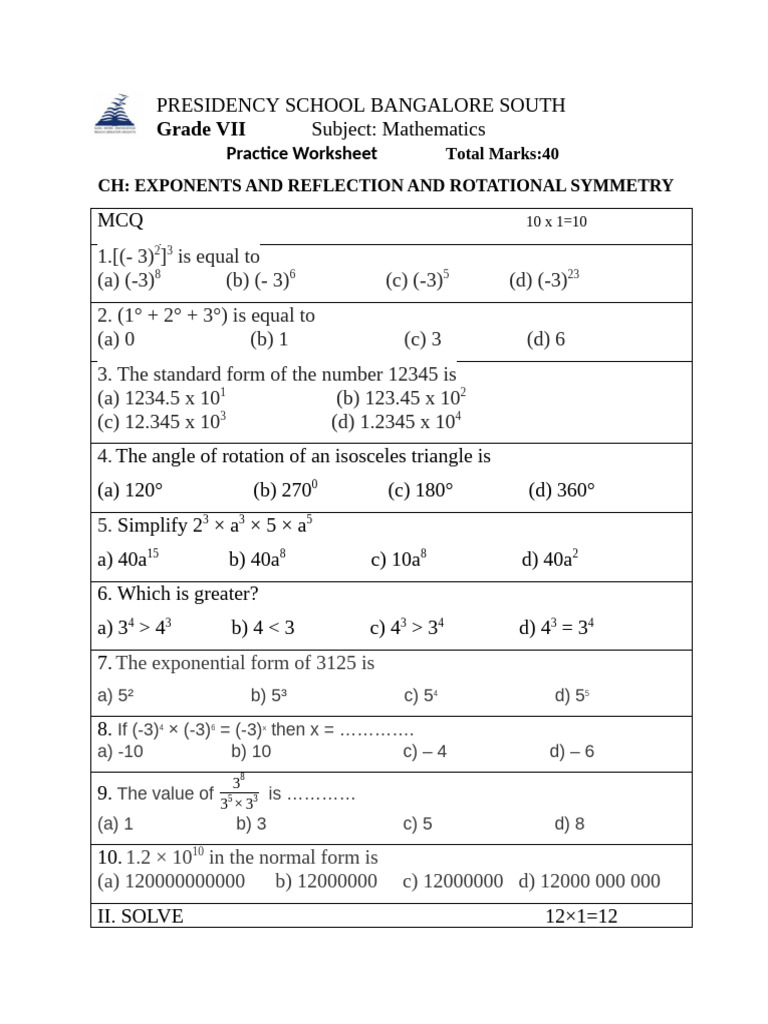 GR_VII__WORKSHEET_EXPONENTS_ANS_SYMMETRY | PDF | Euclidean Geometry ...