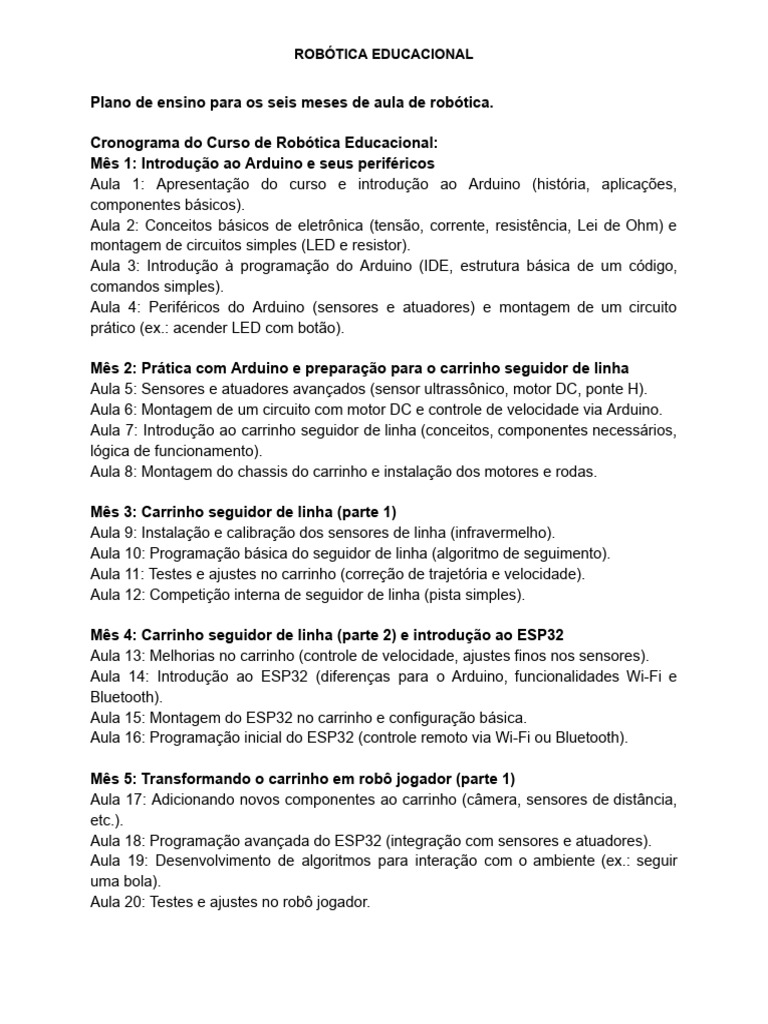 Plano de Ensino para Os Seis Meses de Aula de Robótica | PDF | Arduino | Robótica