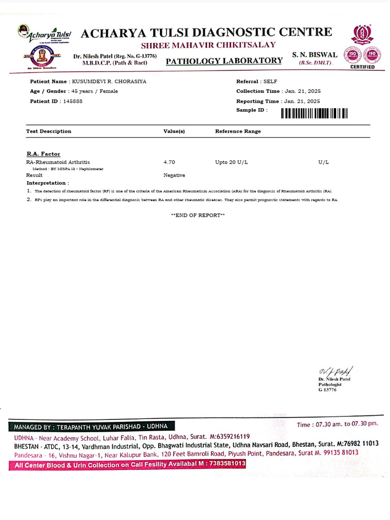 RA Factor Test Report for Kusumdevi R. | PDF | Arthritis | Immunology