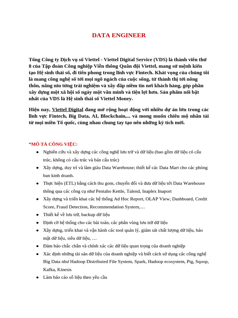 Viettel Digital - Data Engineer | PDF