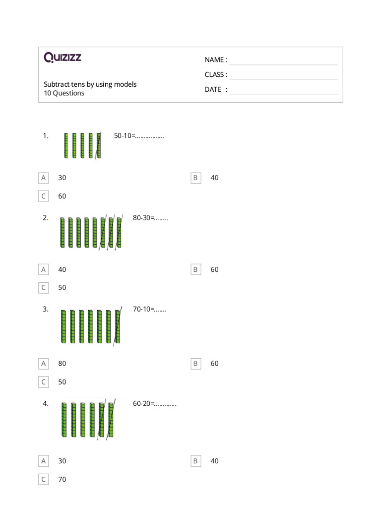 Subtract tens by using models | PDF