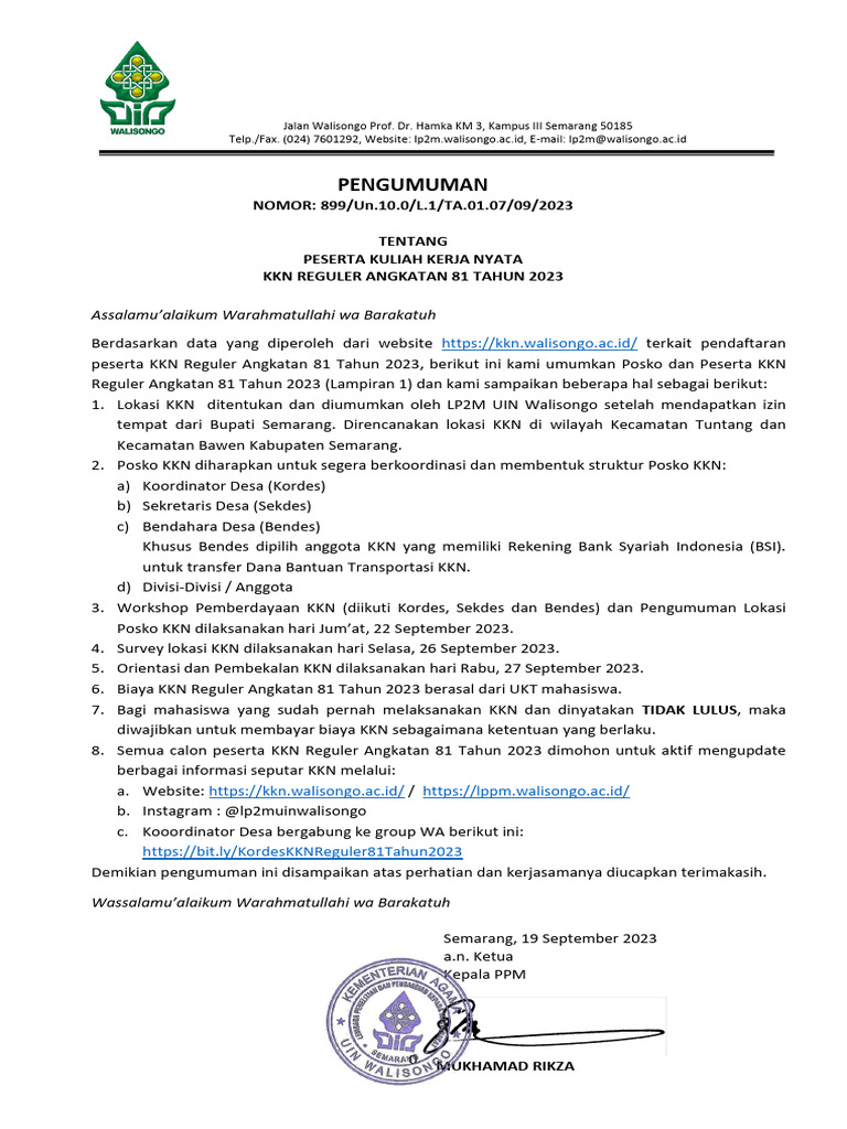 Pengumuman Peserta Dan Posko KKN Reguler Angkatan 81 Tahun 2023 - Ok | PDF