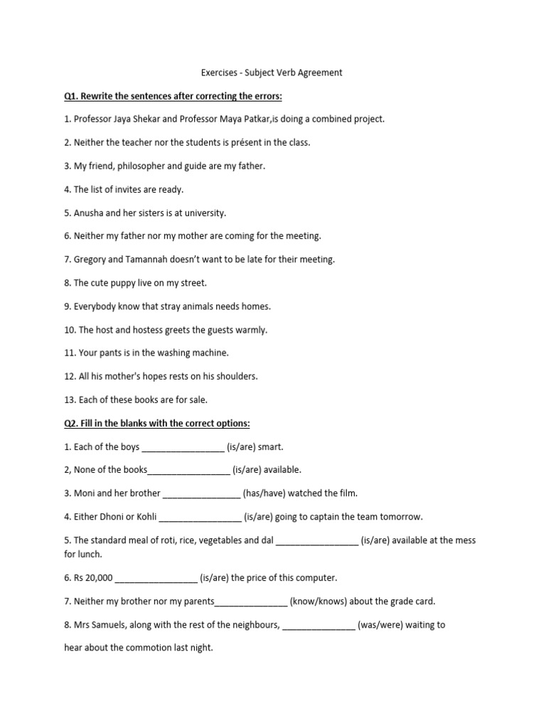 Subject-Verb Agreement Exercises | PDF