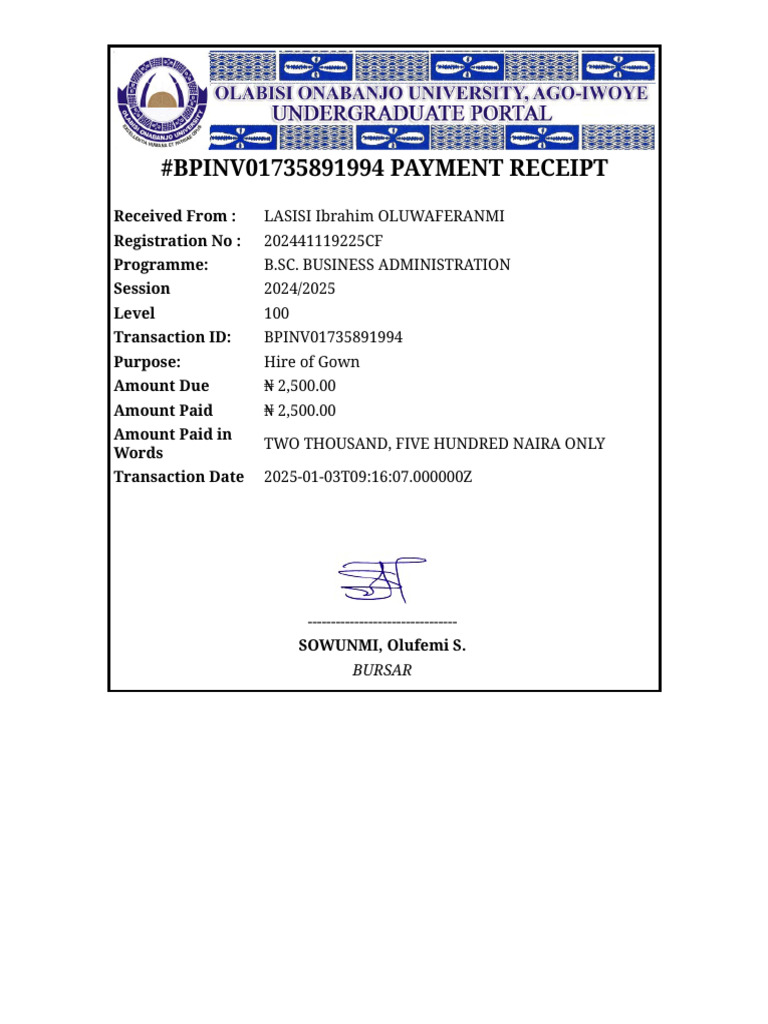 Payment Receipt for Gown Hire | PDF