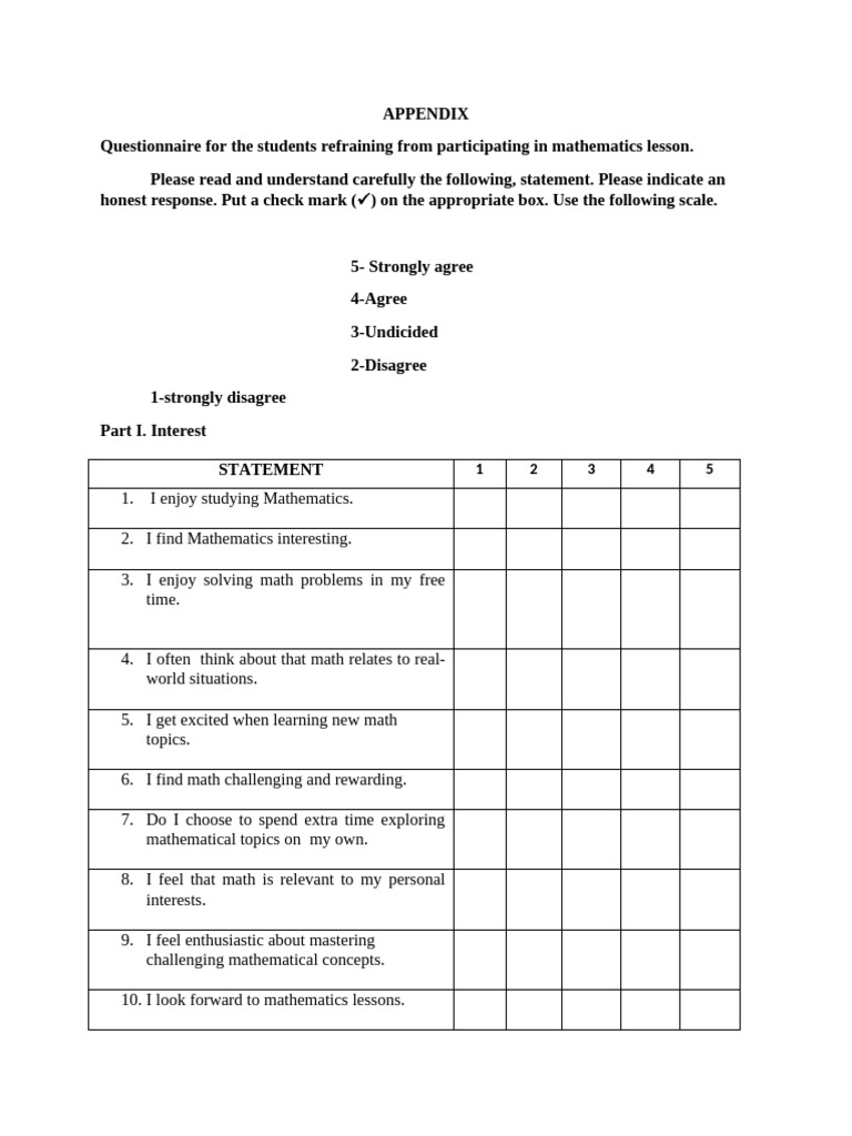 Student Questionnaire on Math Engagement | PDF | Mathematics | Knowledge