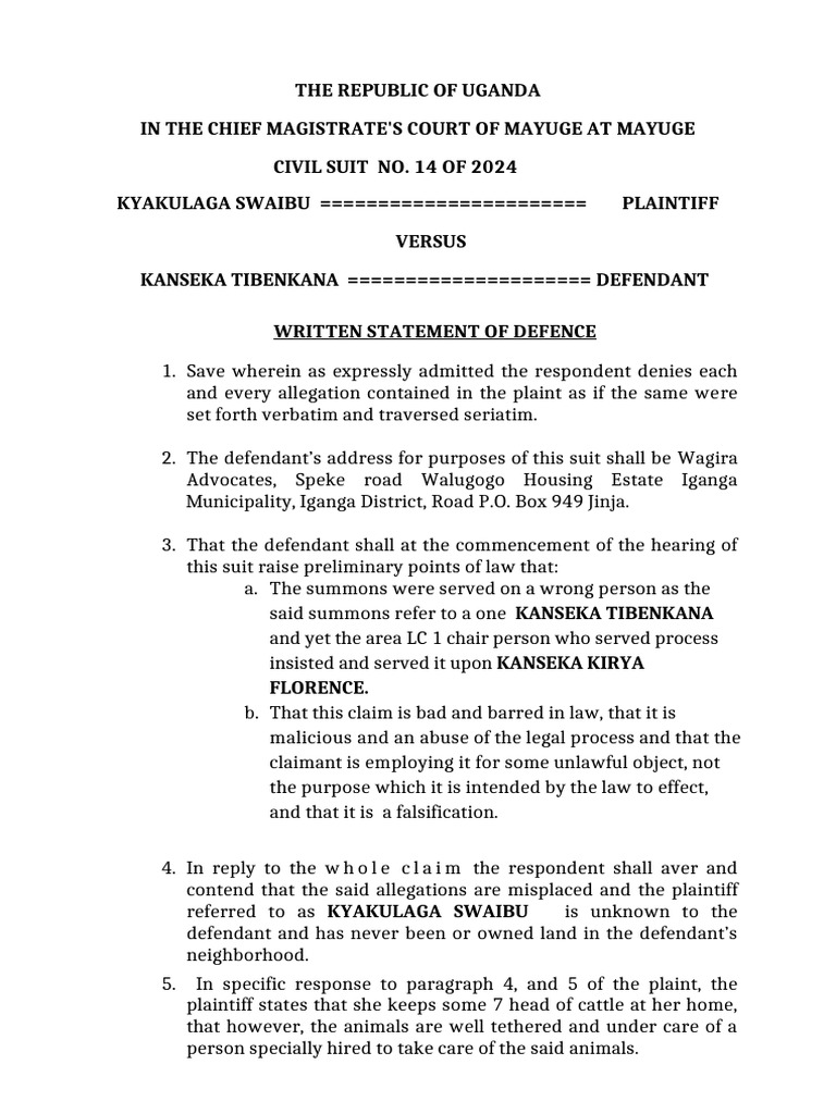 Written Statement of Defence | PDF | Lawsuit | Summons