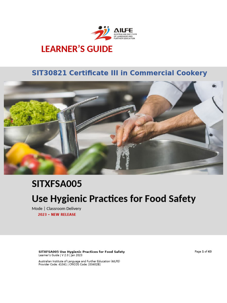 Learner - SITXFSA005 Use Hygienic Practices For Food Safety | PDF ...