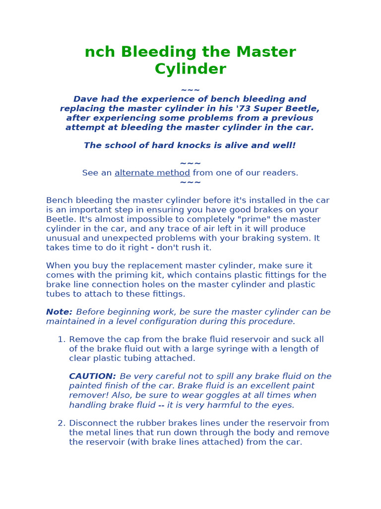 Master Cylinder Bench Bleeding Guide | PDF | Brake | Vehicle Technology