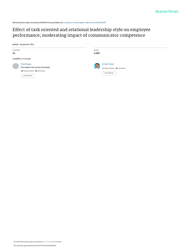 Effect of Task Oriented and Relational Leadership Style On Employee Performance Moderating ...