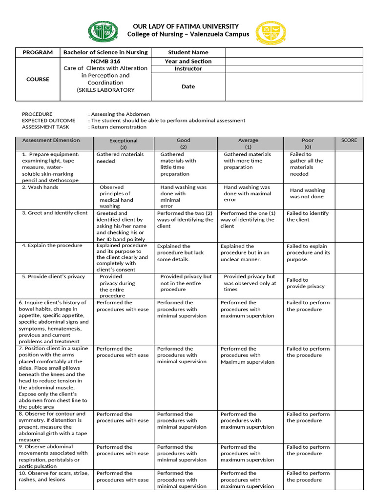 Abdominal Assessment Skills Evaluation | PDF | Abdomen | Pulse