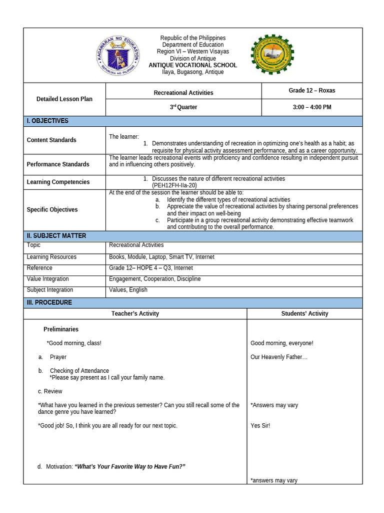 Grade 12 Recreational Activities Lesson Plan | PDF | Recreation | Learning