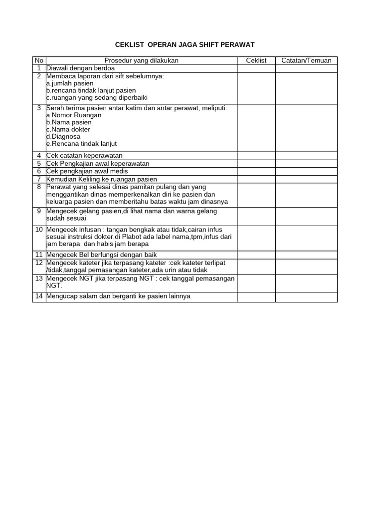 Checklist Operan Shift Perawat | PDF