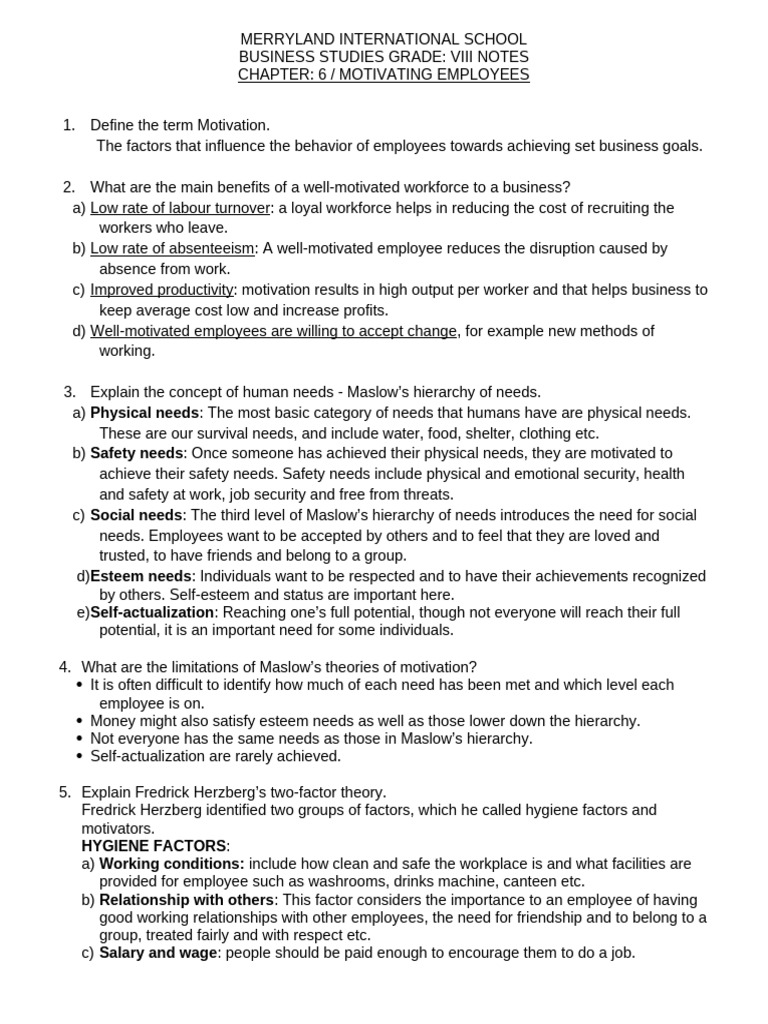 Motivating_employees_notes | PDF | Employment | Business