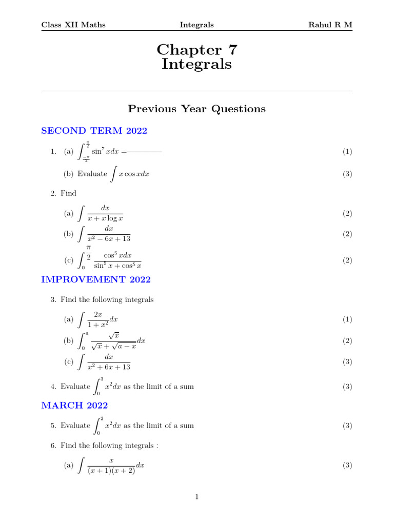 Integrals Important Questions 250131 120626 | PDF